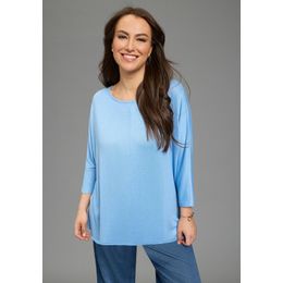 3/4 Arm-Pullover LAURA SCOTT CURVE "Gro&szlig;e Gr&ouml;&szlig;en", Damen, Gr. 52/54, blau, Strick, Obermaterial: 50% Polyester, 45% Viskose, 5% Elasthan, unifarben, oversize h&uuml;ftbedeckend, U-Boot-Ausschnitt, Strickkante, Pullover, leichter Jerseystrick mit flie&szlig;ender, figurschmeichelnder Passform