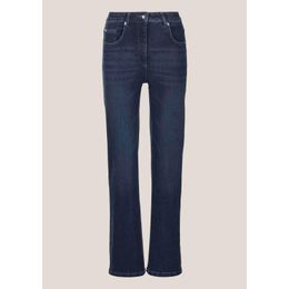 Madeleine Mode Regular-fit-Jeans MADELEINE "Denimhose Schmale Jeans im Five-Pocket-Style", Damen, Gr. 34, N + K Gr, blau (dunkelblau), Obermaterial: 95% Baumwolle CO. 5% Elasthan EL., Modern, Jeans, Mit "M"-Stickerei auf der Ges&auml;&szlig;tasche