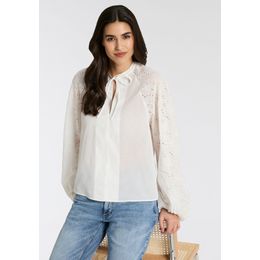 Langarmbluse BOSS Orange "Belvast Premium Damenmode", Damen, Gr. 38, open wei&szlig; 118, Web, Obermaterial: 100% Baumwolle, unifarben, h&uuml;ftlang, Rundhals, Raglan&auml;rmel elastischer Bund, Blusen, Baumwoll-Musselin mit Broderie-Anglaise