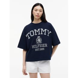 Kurzarmshirt Tommy Hilfiger "VARSITY CREST RLX SS T-SHIRT", Damen, Gr. L (42/44), blau (schwarz night navy), Single Jersey, Obermaterial: 100% Baumwolle, bedruckt, relaxed fit normal, Rundhals, Shirts, Baumwolle, relaxed fit, Logoprint