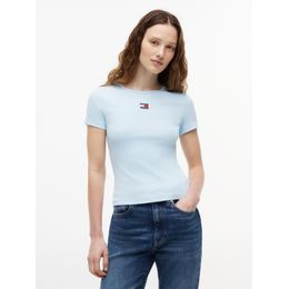 Kurzarmshirt Tommy Jeans "TJW SLIM BADGE RIB TEE", Damen, Gr. L (42/44), kingly blau, Single Jersey, Obermaterial: 95% Baumwolle, 5% Elasthan, unifarben, slim fit kurz, Rundhals, abgesteppt, Shirts, mit gerippter Struktur