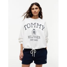 Sweatshirt Tommy Hilfiger "VARSITY CREST MDRN SWEATSHIRT", Damen, Gr. L (42/44), ecru, Sweatware, Obermaterial: 100% Baumwolle, bedruckt, regular fit normal, Rundhals, eingesetzt Rippb&uuml;ndchen, Sweatshirts Sweatshirt, Baumwolle, Logo Frontdruck