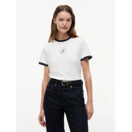 Kurzarmshirt Tommy Hilfiger "TH ROUNDAL REG C-NK SS TEE", Damen, Gr. L (42/44), ecru, Single Jersey, Obermaterial: 65% Lyocell, 32% Baumwolle, 3% Elasthan, unifarben mit Farbeinsatz, regular fit normal, Rundhals, eingesetzt angesetztes B&uuml;ndchen, Shirts, mit kontrastfarbenen B&uuml;ndchen