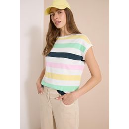 Kurzarmshirt Cecil, Damen, Gr. L (42), vanillewei&szlig;, Jersey, Obermaterial: 100% Baumwolle, gestreift, normal h&uuml;ftbedeckend, Rundhals, abgesteppte Kante, Shirts, Sommershirt mit Mulitcolor-Streifen