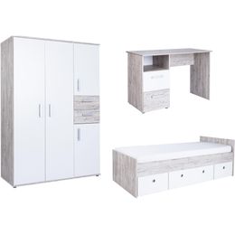 Jugendzimmer-Set Arthur Berndt "Jugendzimmer-Set &raquo;Bente&laquo; 5-teilig", eiche sand nachbildung, wei&szlig;, 3-teilig, Schrank, Bett, Schreibtisch + ohne Matratze, B/H: 90cm x 200cm, 3-teilig, Schrank, Bett, Schreibtisch, Hartfaserplatte, Holzwerkstoff, Kunststoff, Metall, Schlafzimmerm&ouml;bel-Sets, Stauraumstark, pflegeleicht, zeitlos, Made in Germany