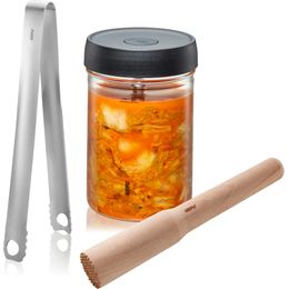 Fermentationsglas Gefu "NATIVO", schwarz (schwarz, transparent, silberfarben), H:17,5cm &Oslash;:12cm, Borosilikatglas, Edelstahl, Holz, Kunststoff, Silikon, Lebensmittelaufbewahrungsbeh&auml;lter, 1L Fermentationsglas mit Deckel, Beschwerungsgewicht, St&ouml;&szlig;el und Zange