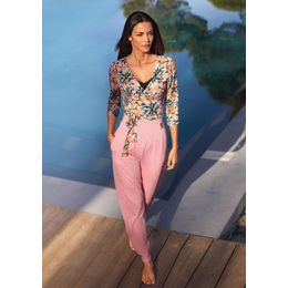 Madeleine Mode 3/4-Arm-Shirt MADELEINE "Wickelshirt Wickelshirt mit floralem Unikat-Print", Damen, Gr. 44, orange (lachsrosa, multicolor), Obermaterial: 92% Viskose CV. 8% Elasthan EL., Modern, V-Ausschnitt, Shirts 3/4-Arm-Shirt