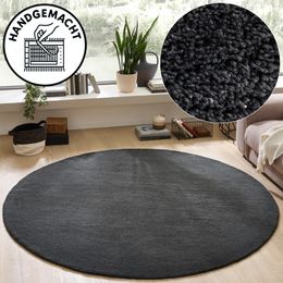 Wollteppich OTTO HOME "Gabbo Natur, Handgefertigt, Teppich, reine Wolle, meliert" Gr. 10, dunkelgrau, H:14mm &Oslash;:200cm, Wolle, Teppiche, besonders weich und dicht
