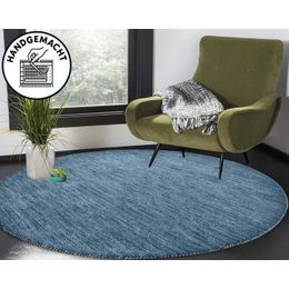 Wollteppich Theko "Gabbeh Uni, Handgefertigt, Teppich, meliert, reine Wolle" Gr. 9, grau (grau, blau), H:14mm &Oslash;:140cm, Wolle, Teppiche, Wohnzimmer, Esszimmer, Schlafzimmer, auch als L&auml;ufer oder rechteckig