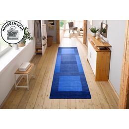 Wollteppich Theko "Gabbeh Super, Handweb, auch als L&auml;ufer erh&auml;ltlich, reine Wolle" Gr. 13, blau (dunkelblau), B:90cm H:9mm L:250cm, Wolle, Teppiche, Schlafzimmer, Wohnzimmer, Esszimmer, auch als Bettumrandung