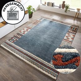 Wollteppich Theko "Nuno, reine Wolle, Handgefertigt, mit Bord&uuml;re" Gr. 8, blau (dunkelblau), B:300cm H:14mm L:400cm, Wolle, Teppiche, handgetuftet, Wohnzimmer, Schlafzimmer, Esszimmer, auch als L&auml;ufer