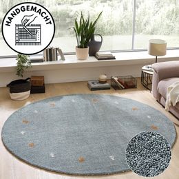 Wollteppich Theko "Gabbeh Motiv, Handgefertigt, Teppich, Tiermotiv, reine Wolle" Gr. 10, hellblau, grau, H:14mm &Oslash;:200cm, Wolle, Teppiche, reine Wolle, Wohnzimmer, Schlafzimmer, Esszimmer