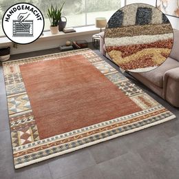 Wollteppich Theko "Nuno, reine Wolle, Handgefertigt, mit Bord&uuml;re" Gr. 2, orange (terra), B:70cm H:14mm L:140cm, Wolle, Teppiche, handgetuftet, Wohnzimmer, Schlafzimmer, Esszimmer, auch als L&auml;ufer