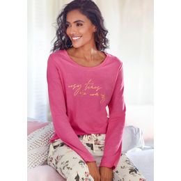 Pyjamaoberteil Lascana, Damen, Gr. 32/34, pink, Single Jersey, Obermaterial: 50% Baumwolle, 50% Viskose, unifarben, Basic, Basic h&uuml;ftlang, Rundhals, eingesetzt abgesteppt, Shirts, mit Folienprint