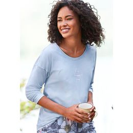 Pyjamaoberteil Vivance Dreams, Damen, Gr. 32/34, blau (hellblau), Single Jersey, Obermaterial: 50% Baumwolle, 50% Viskose, bedruckt, unifarben, Basic, loose fit h&uuml;ftlang, Rundhals, Shirts, mit Sommer-Statementdruck
