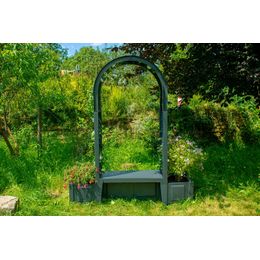 Gartenbank KHW "Br&uuml;ssel", grau (anthrazit), B:174cm H:207cm T:49cm, Kunststoff, Sitzb&auml;nke, Gartenbank, mit Rosenbogen und zwei Pflanzk&auml;sten, anthrazit