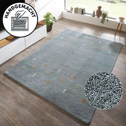 Wollteppich Theko "Gabbeh Motiv, Handgefertigt, Teppich, Tiermotiv, reine Wolle" Gr. 7, hellblau, grau, B:240cm H:14mm L:340cm, Wolle, Teppiche, reine Wolle, Wohnzimmer, Schlafzimmer, Esszimmer