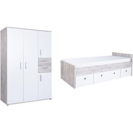 Jugendzimmer-Set Arthur Berndt "Jugendzimmer-Set &raquo;Bente&laquo; 5-teilig", transparent (eiche sand nachbildung, wei&szlig;), 2-teilig, Schrank, Bett + ohne Matratze, B/H: 90cm x 200cm, 2-teilig, Schrank, Bett, Hartfaserplatte, Holzwerkstoff, Kunststoff, Metall, Schlafzimmerm&ouml;bel-Sets, Stauraumstark, pflegeleicht, zeitlos, Made in Germany