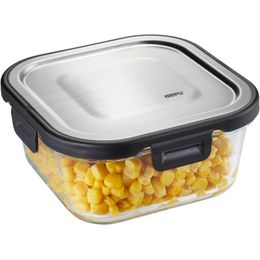 Frischhaltedose Gefu "MILO", silber (transparent, silberfarben, schwarz), B:15,5cm H:7,2cm L:15,5cm, Borosilikatglas, Edelstahl, Kunststoff, Silikon, Lebensmittelaufbewahrungsbeh&auml;lter, Frischhaltedose, quadratisch, 800 ml