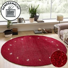 Wollteppich Theko "Gabbeh Motiv, Handgefertigt, Teppich, Tiermotiv, reine Wolle" Gr. 10, bordeaux, H:14mm &Oslash;:200cm, Wolle, Teppiche, reine Wolle, Wohnzimmer, Schlafzimmer, Esszimmer
