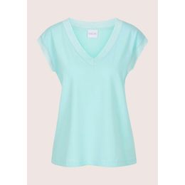 Madeleine Mode Kurzarmshirt MADELEINE "Jerseyshirt Sommershirt mit Rippenb&auml;ndern", Damen, Gr. 36, gr&uuml;n (mint), Obermaterial: 92% Baumwolle CO. 8% Elasthan EL., Modern, V-Ausschnitt, Shirts, Breites Rippenband