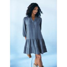 Jeanskleid Lascana "mit R&uuml;sche am Kragen und kurzer Knopfleiste, kurzes Blusenkleid", Damen, Gr. 32/34, N-Gr, blau (denim, blau), Web, Obermaterial: 100% Lyocell (TENCEL&trade;), unifarben, figurumspielend ca. Mitte Oberschenkel, V-Ausschnitt, Kleider, Sommerkleid aus weicher Lyocellware, lockeres Tunikakleid, Festival