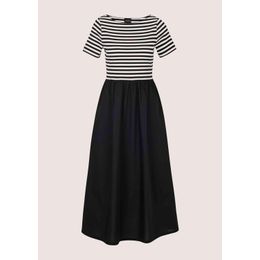 Madeleine Mode Midikleid MADELEINE "Jerseykleid Baumwollkleid mit Streifendetails", Damen, Gr. 36, N-Gr, schwarz (schwarz, wollwei&szlig;), Obermaterial: 95% Baumwolle CO. 5% Elasthan EL., Modern, A-Linie, U-Boot-Ausschnitt, Kleider Midikleid, Seitennahttaschen