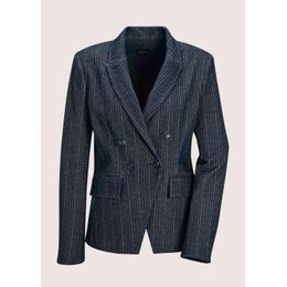 Madeleine Mode Jackenblazer MADELEINE "Jerseyblazer Taillierter Businessblazer mit Nadelstreifen", Damen, Gr. 40, blau (nebelblau, melange), Obermaterial: 60% Viskose CV. 35% Polyester PES. 5% Elasthan EL., Modern, Blazer, Nadelstreifen mit Fischgrat Design