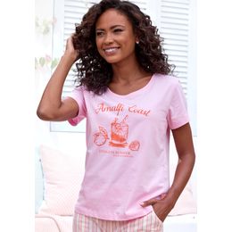 Pyjamaoberteil Vivance Dreams, Damen, Gr. 32/34, rosa, Single Jersey, Obermaterial: 100% Baumwolle, unifarben, Basic h&uuml;ftlang, Rundhals, eingesetzt, Shirts, mit sch&ouml;nem Frontprint