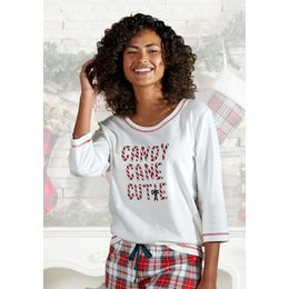 Pyjamaoberteil Lascana, Damen, Gr. 32/34, beige (ecru), Interlock, Obermaterial: 100% Baumwolle, festlich, comfort fit h&uuml;ftlang, Rundhals, kontrastfarben, Shirts Pyjama Nachtw&auml;sche, mit Schriftzug
