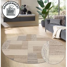 Wollteppich Theko "Lola, Wolle, handgearbeitet, Patchwork Design" Gr. 9, beige (natur), H:12mm &Oslash;:140cm, Wolle, Teppiche, handgetuftet, Wohnzimmer, Schlafzimmer, Esszimmer