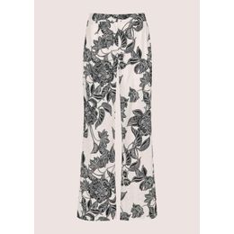 Madeleine Mode Chinos MADELEINE "Druckhose Baumwollhose mit floralem Print", Damen, Gr. 40, N + K Gr, schwarz (schwarz, wei&szlig;), Obermaterial: 100% Baumwolle CO., Modern, weit, Hosen, Baumwoll-Druckhose mit Madeirastickerei