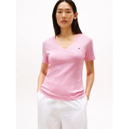 T-Shirt Tommy Hilfiger "SLIM CODY V-NECK SHORT SLEEVE", Damen, Gr. M (38), rosa (classic pink), Jersey, Obermaterial: 100% Baumwolle, unifarben, schmal normal, tiefer V-Ausschnitt, abgesteppte Kante, Shirts T-Shirt, aus Baumwolle, Logostickerei, gestreift