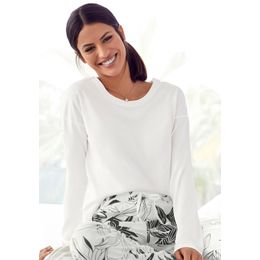 Pyjamaoberteil Lascana, Damen, Gr. 36/38, beige (ecru), Single Jersey, Obermaterial: 50% Baumwolle, 50% Viskose, unifarben, loose fit h&uuml;ftlang, Rundhals, Shirts, mit &uuml;berschnittenen Schultern