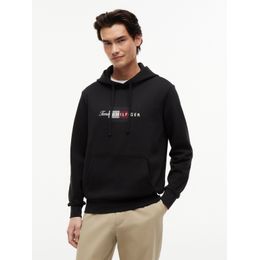 Hoodie Tommy Hilfiger "SCRIPT FLAG HOODIE", Herren, Gr. L, schwarz, Sweatware, Obermaterial: 100% Baumwolle, regular fit normal, B&uuml;ndchen, Sweatshirts Hoodie, mit Flag-Grafik und Tunnelzug