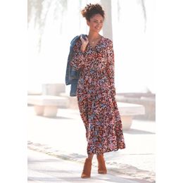 Maxikleid Lascana "mit Bl&uuml;mchenprint und V-Ausschnitt aus gewebter Viskose", Damen, Gr. 34, N-Gr, bunt (floral, bedruckt), Web, Obermaterial: 100% Viskose, bedruckt, gebl&uuml;mt, figurumspielend kniefrei, V-Ausschnitt, elastischer Bund, Kleider Maxikleid, Lang&auml;rmliges Webkleid, Sommerkleid, modisches Kaftankleid, Druckkleid