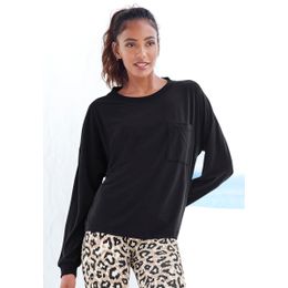 Pyjamaoberteil Lascana, Damen, Gr. 32/34, schwarz, Single Jersey, Obermaterial: 60% Polyester, 36% Viskose, 4% Elasthan, unifarben, oversize h&uuml;ftlang, Rundhals, weit B&uuml;ndchen, Shirts, in kuschelweicher Qualit&auml;t
