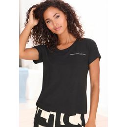 T-Shirt French Connection, Damen, Gr. 32/34, schwarz, Single Jersey, Obermaterial: 62% Polyester, 33% Viskose, 5% Elasthan, unifarben, Basic h&uuml;ftlang, Rundhals, eingesetzt, Shirts T-Shirt, mit kleinem Logoprint auf der Brust