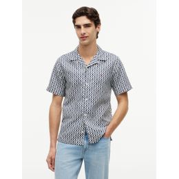Kurzarmhemd Tommy Hilfiger "LINEN BLEND AOP SS RF SHIRT", Herren, Gr. L, N-Gr, carbon navy, allover, Web, Obermaterial: 52% Baumwolle, 48% Leinen, regular fit normal, Hemden, aus Leinenmix mit Print