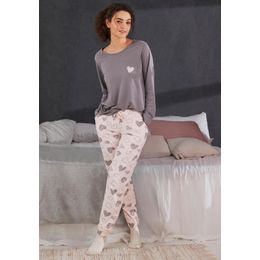 Pyjama Vivance Dreams, Damen, Gr. 40/42, rosa (grau, rosa), Single Jersey, Obermaterial: 60% Baumwolle, 40% Polyester, gemustert, Basic, loose fit lang, Rundhals, eingesetzt angesetztes B&uuml;ndchen, Homewear-Sets Pyjama, mit s&uuml;&szlig;em Herzchen-Print