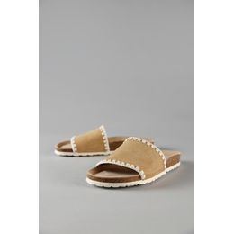 Pantolette ANISTON SHOES, Damen, Gr. 38, beige (sandfarben), Veloursleder, Schuhe Pantolette, Sommerschuh, Strandschuh mit H&auml;kelborde