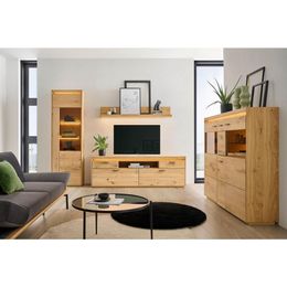 Linea Natura Wohnwand, Eiche, Glas, Holzwerkstoff, Kerneiche, furniert, massiv, 3 F&auml;cher, 2 Schublade(n) Schubladen, warmwei&szlig;, 267x201.9x49.8 cm, Beim&ouml;bel erh&auml;ltlich, stehend, h&auml;ngend, Beleuchtung, Wohnzimmer, Wohnw&auml;nde, Wohnwand-Sets