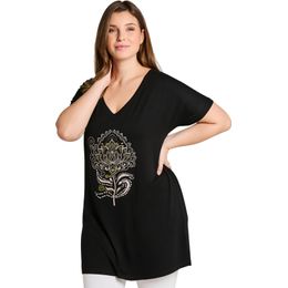 sheego Damen Longshirt mit Ornament-Print schwarz-sesam-bedruckt Gr&ouml;&szlig;e 52/54