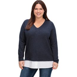 sheego Damen Feinstrickpullover mit Blusen-Einsatz am Saum tiefblau-meliert Gr&ouml;&szlig;e 44/46