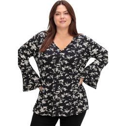 sheego by Joe Browns Damen Langarmshirt mit Biesen und Volant&auml;rmeln schwarz-gemustert Gr&ouml;&szlig;e 48/50