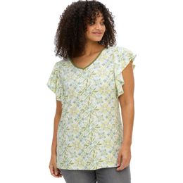 sheego Damen V-Shirt mit Fl&uuml;gel&auml;rmeln und Blumenprint ecru-topas-bedruckt Gr&ouml;&szlig;e 58