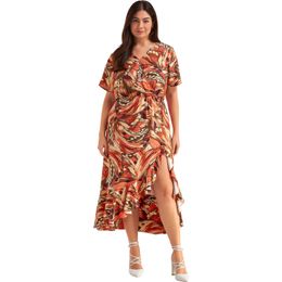 sheego Damen Volantkleid mit Schmetterlingsprint schoko-sand-bedruckt Gr&ouml;&szlig;e 42