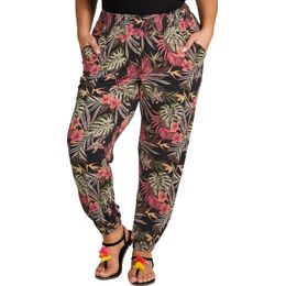 sheego Damen Jerseyhose mit Tropical-Print schwarz-burgund-bedruckt Gr&ouml;&szlig;e 42