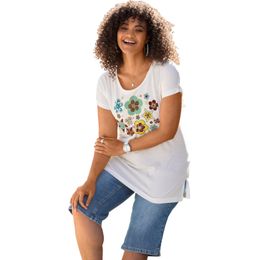 sheego Damen Print-Shirt mit platzierten Bl&uuml;ten ecru-ozean-bedruckt Gr&ouml;&szlig;e 40/42