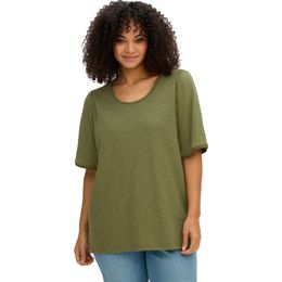 sheego Damen Rundhalsshirt in Flammgarn-Struktur oliv Gr&ouml;&szlig;e 40/42
